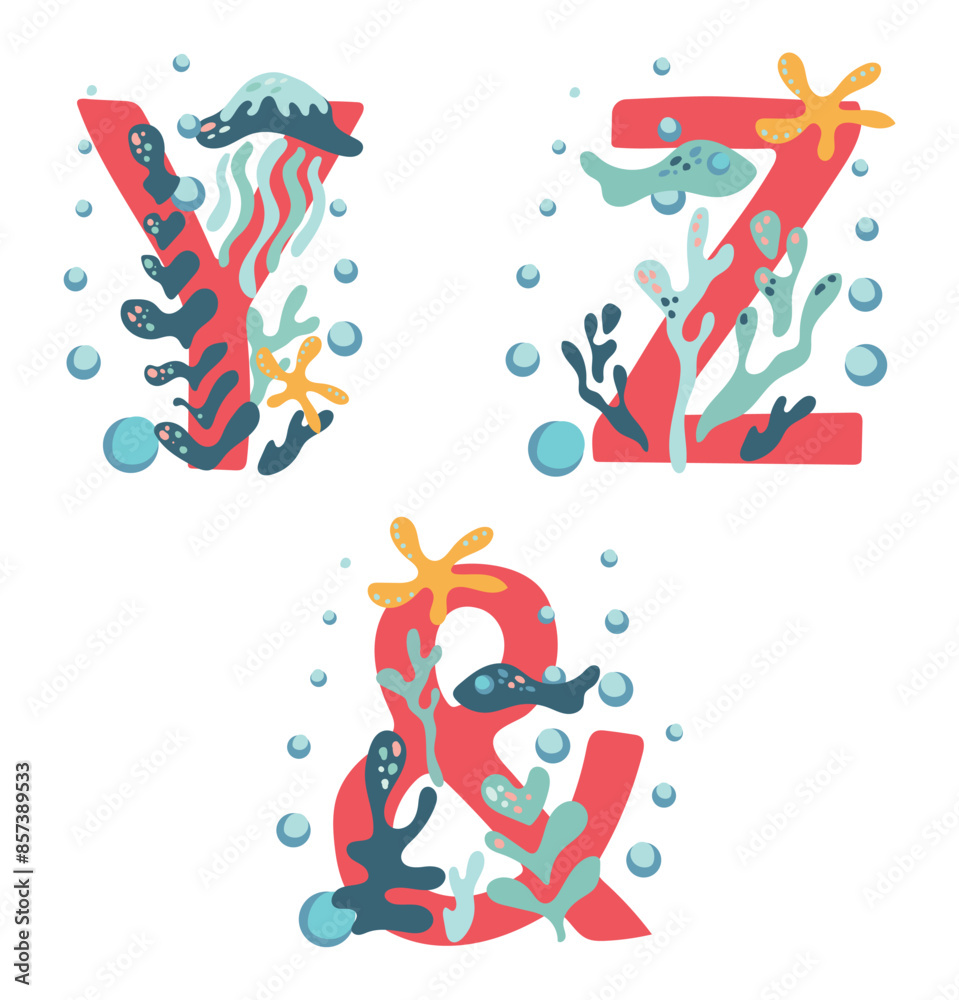 Coral capital letters Y, Z, &, decorated with algae, corals and ...