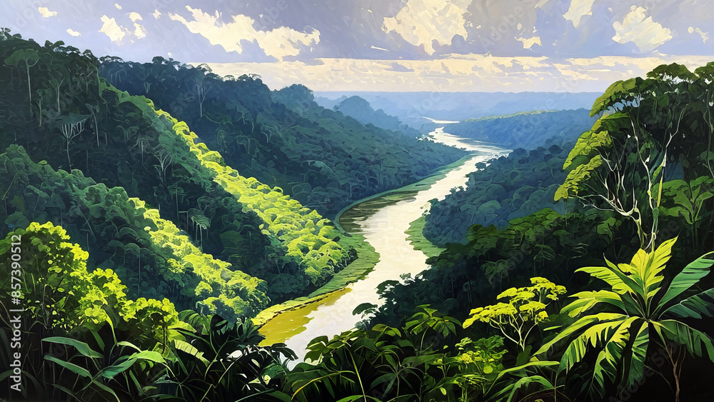 Illustration of a vast expanse of the Amazon Rainforest with a river ...