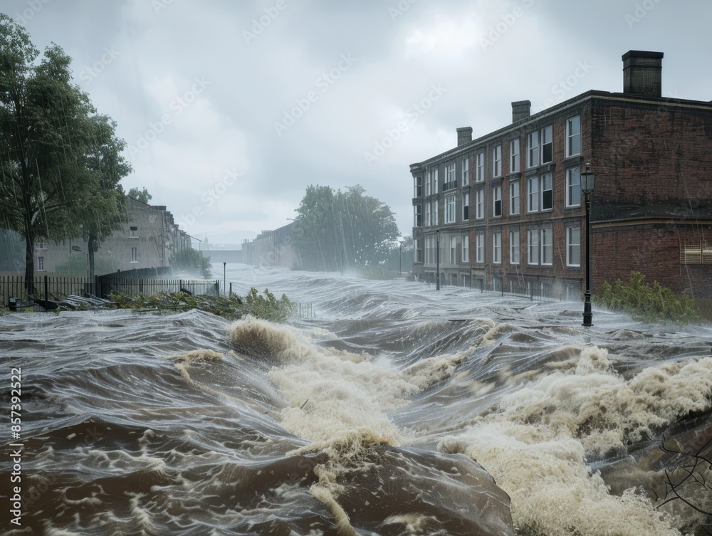 River Flooding Banks, Overflowing Water Submerging Surrounding Area - Natural Disaster Scene ...
