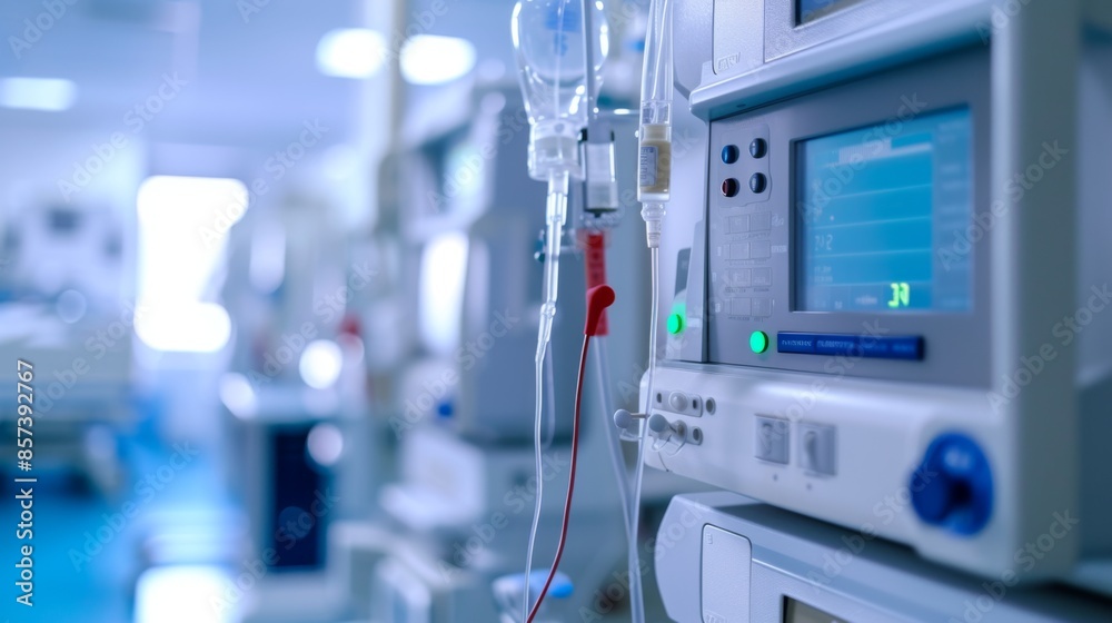 A detailed photograph of an advanced dialysis machine in use in a ...