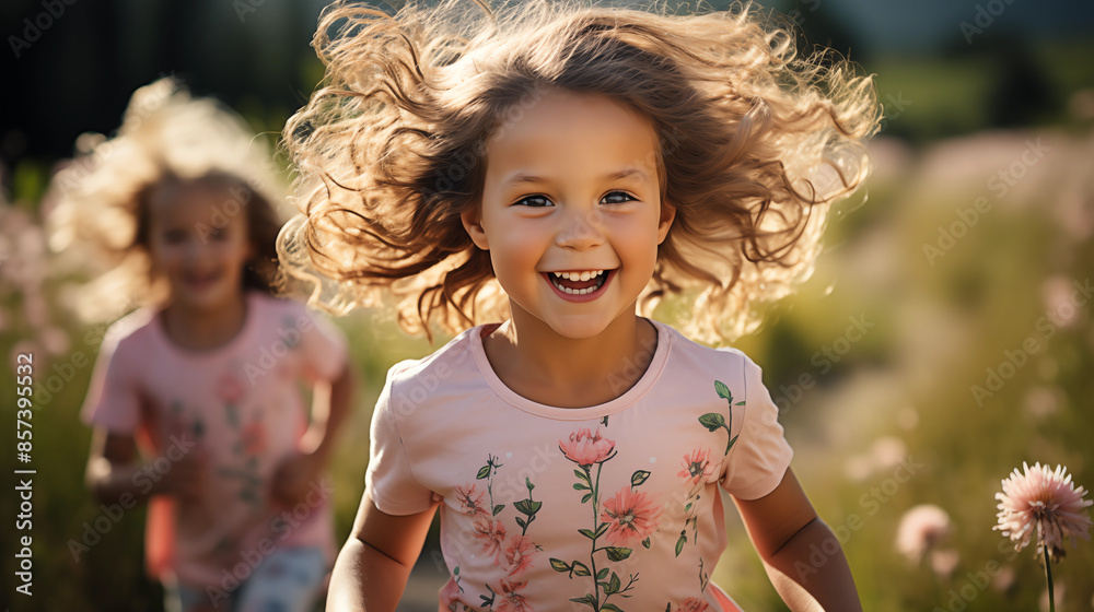 3 little girls with curly brunette hair running happily on the meadow ...