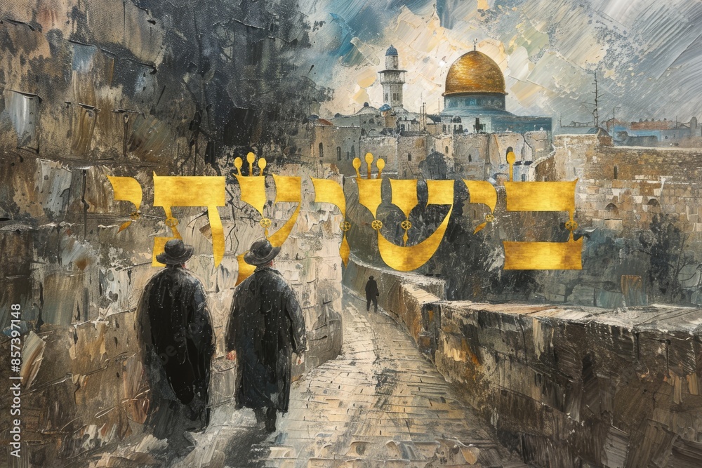 Jerusalem Illustration with jewish hassidic men walking towards the ...