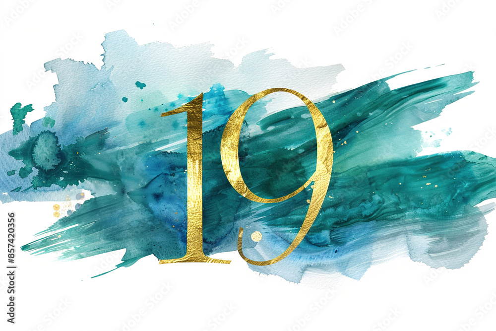 Golden painted number nineteen, blue watercolor effect. Symbol 19 ...