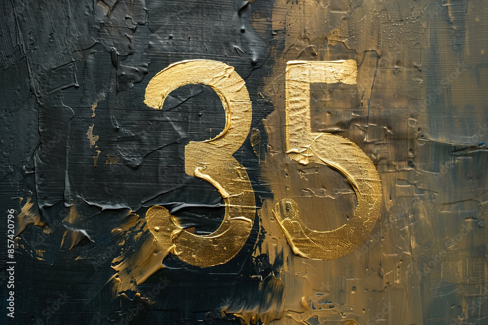 Golden painted number thirty five on dark, rough background. Symbol 35 ...