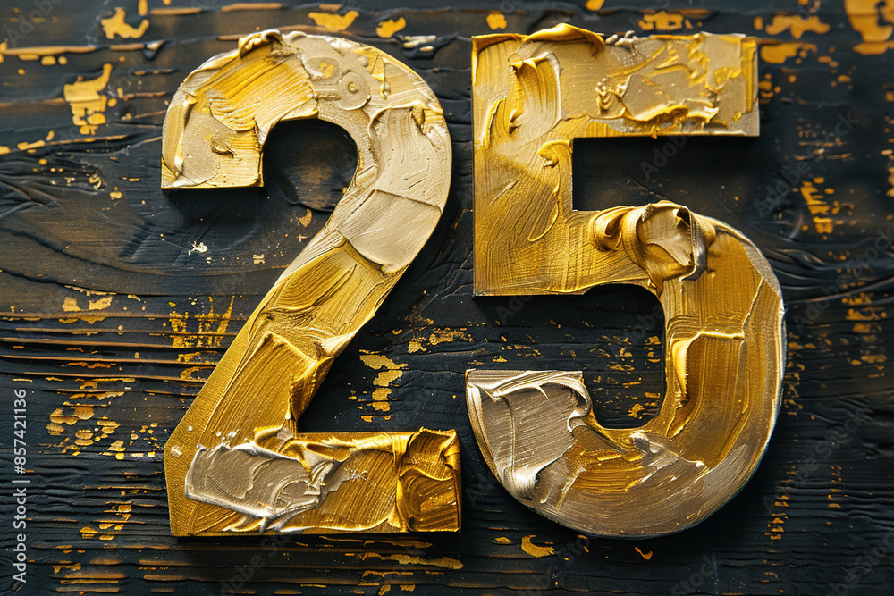 Golden painted number twenty five on dark, rough background. Symbol 25 ...