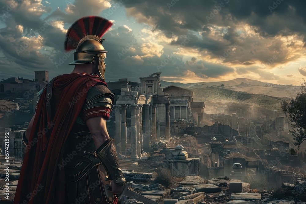 intimidating roman legionary warrior surveying ancient city ruins ...