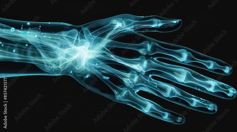 Futuristic X-ray image of a glowing human hand, showcasing medical ...