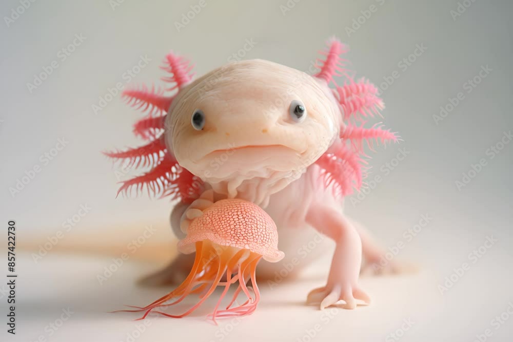 Cute axolotl holding a pink jellyfish, smiling happily in a studio ...