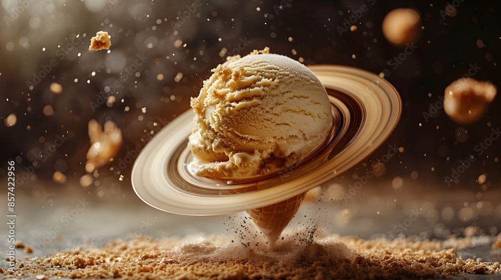 Surreal image depicting scoop of ice cream styled as Saturn, complete ...