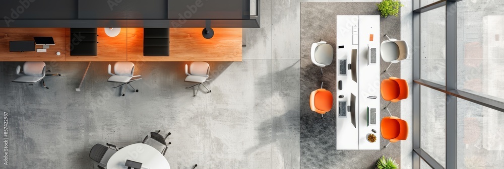 An aerial view showcasing a modern office interior with minimalist ...