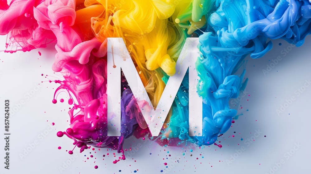 The letter M as the cover of a 2000s pop LP, vibrant splashes of color ...