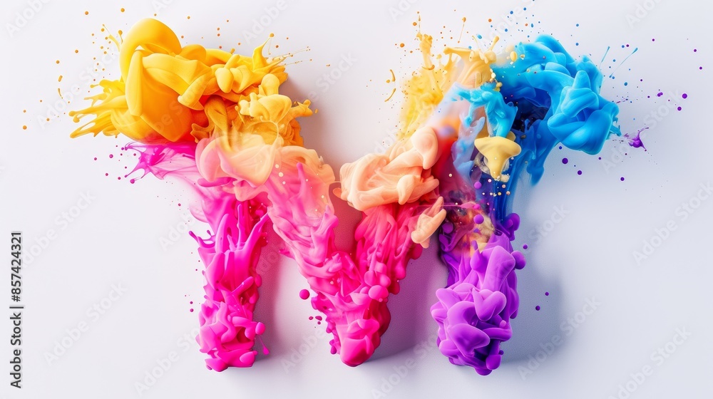 The letter M as the cover of a 2000s pop LP, vibrant splashes of color ...