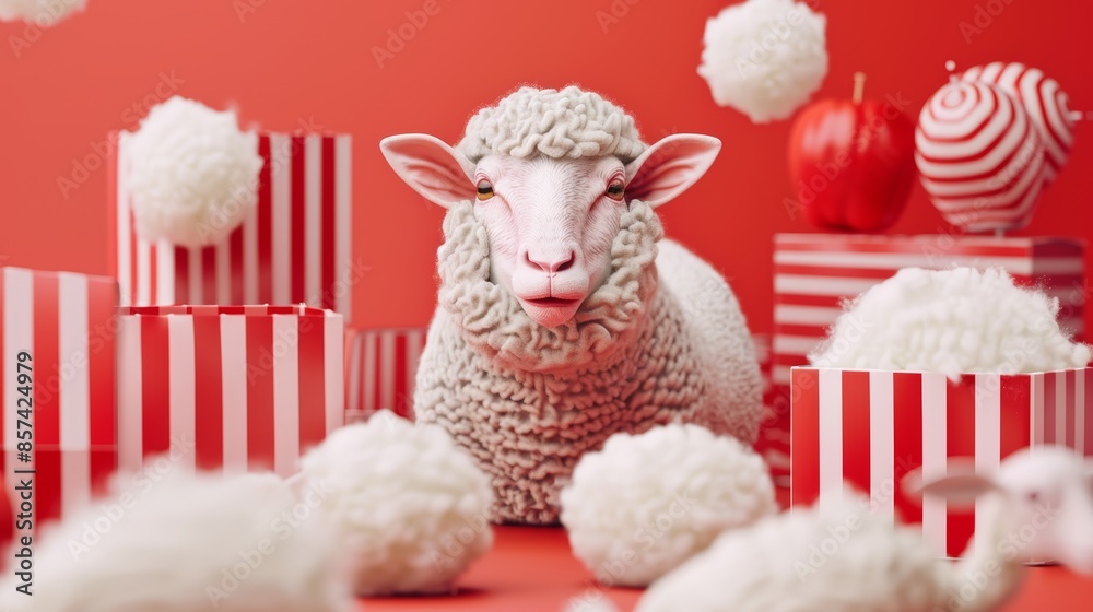 Unique scene with a white sheep surrounded by red chicken burger boxes ...