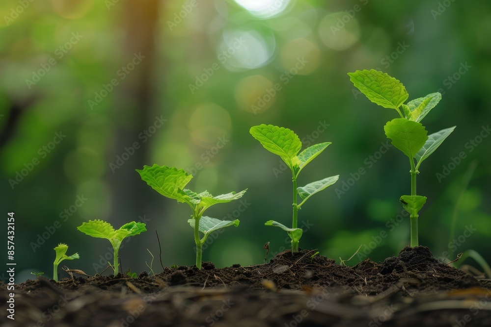 A progression of young plants growing in fertile soil, illuminated by ...