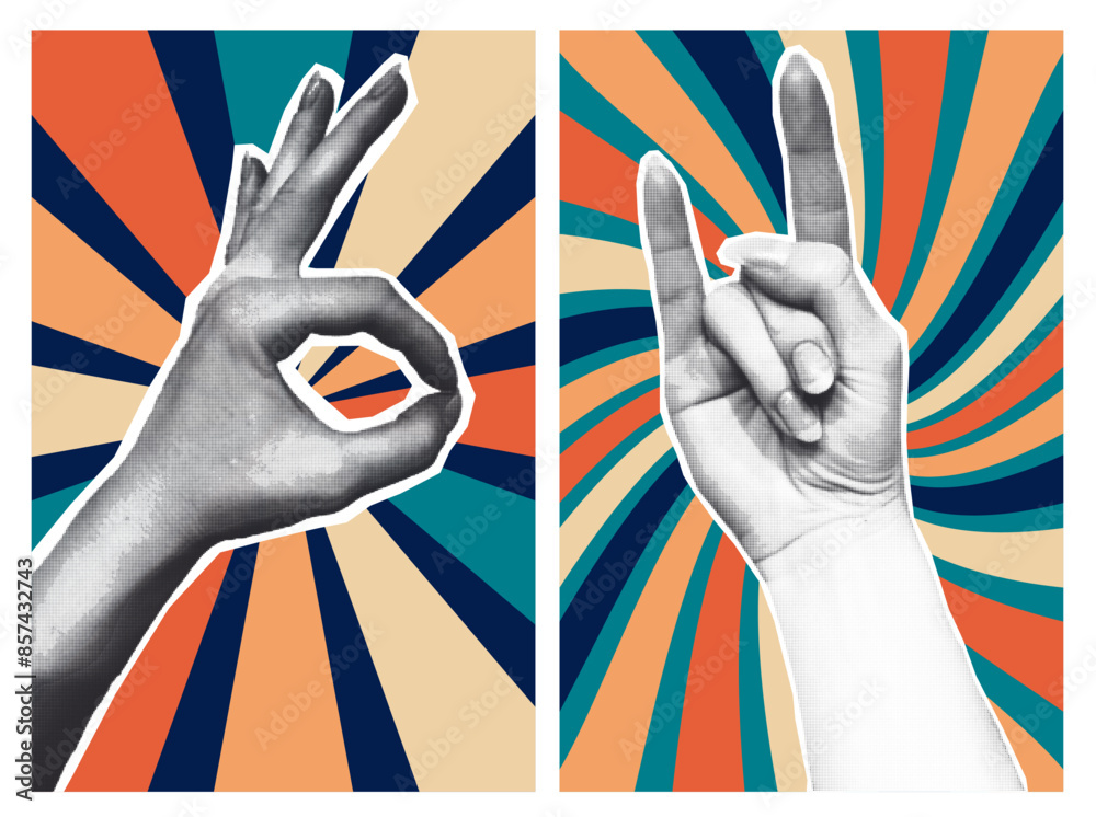 Retro style posters with halftone hands showing hand gestures and rock ...