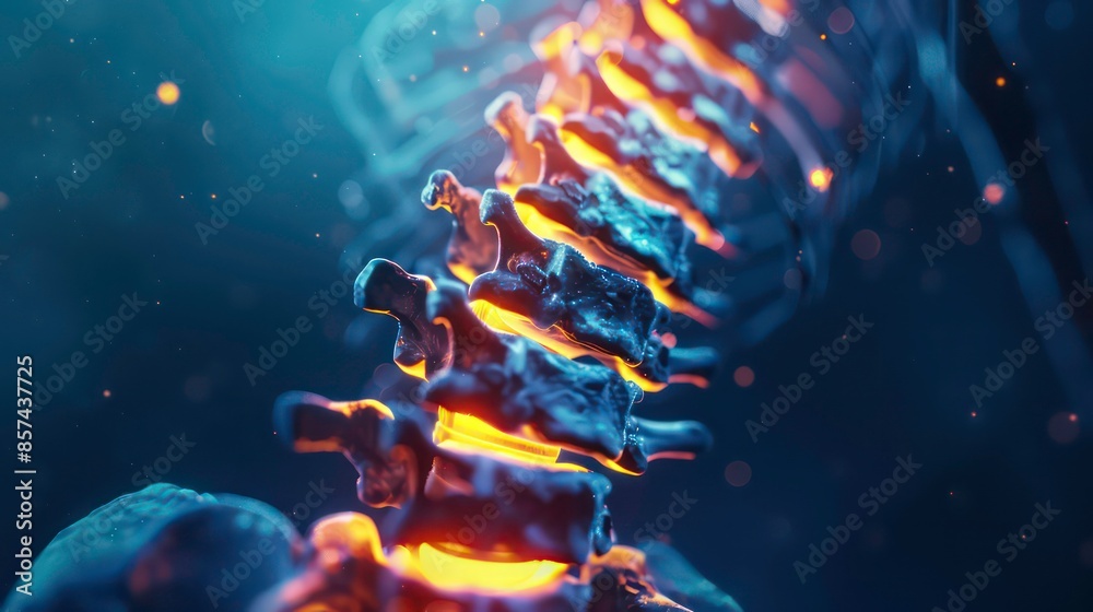 Human spine in x-ray on blue background. The neck spine is highlighted ...