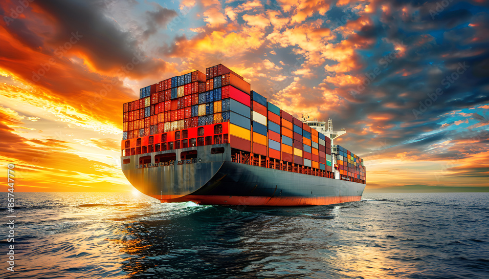 cargo maritime ship with contrail in the ocean ship carrying container ...