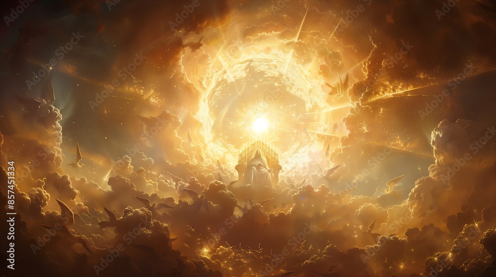 Majestic depiction of God seated on a golden throne in the heavens ...