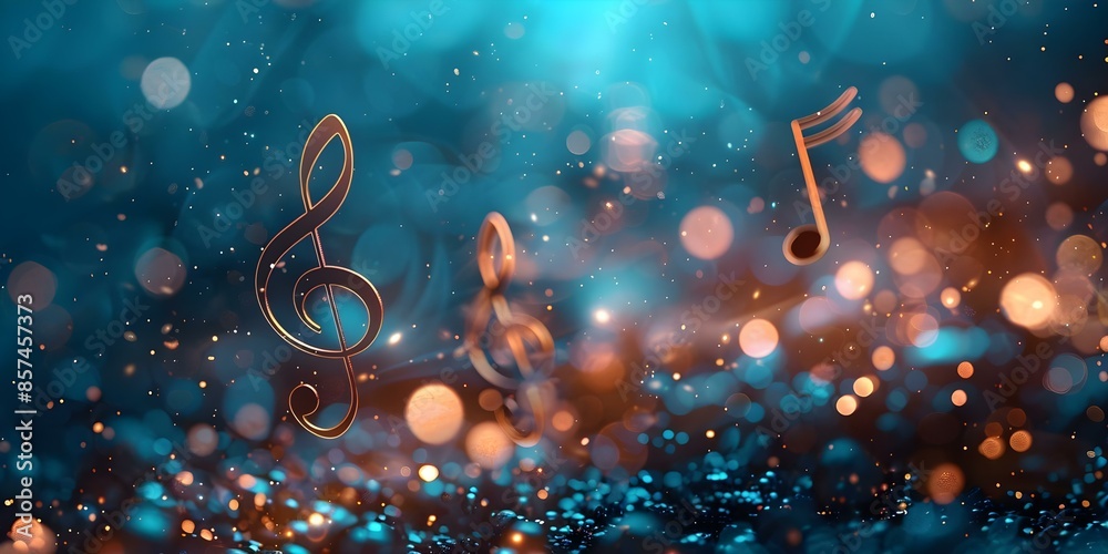 Musical symbols overlay blurred lights creating harmony and creativity ...