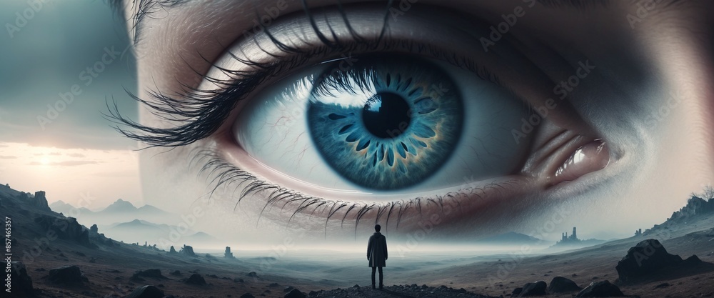 Eye looking at person. Citizen surveillance digital system, oversee ...