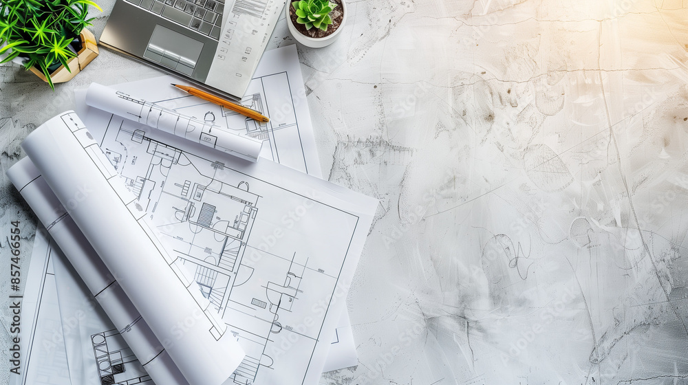 Architect's workspace seen from above. There are architectural designs ...