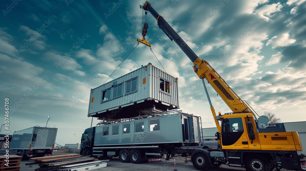 Trucks with cranes transporting container offices to the construction ...