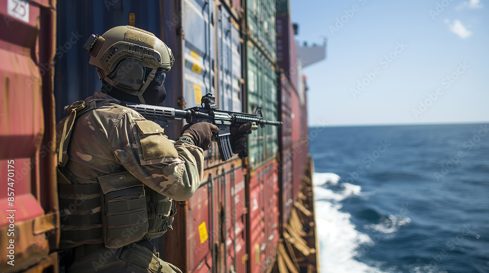 Observe the soldier's watchful presence on a modern container ship at ...