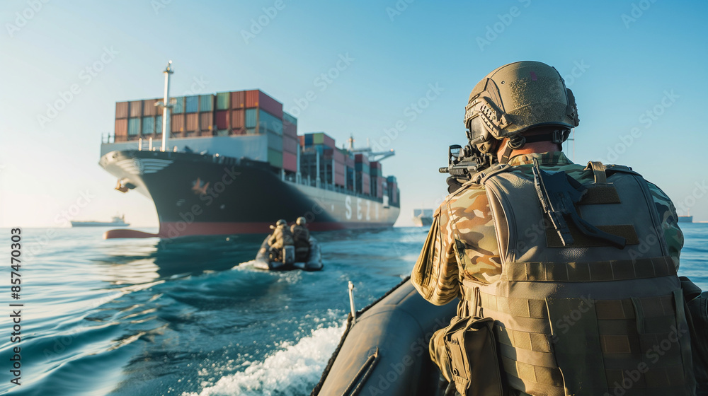 Experience soldiers in gear, armed and determined, sailing towards a ...