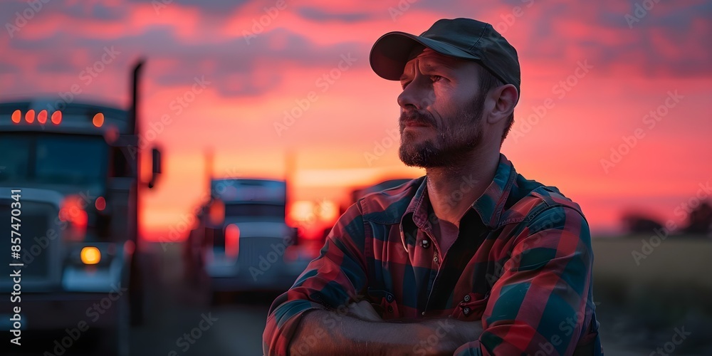 Truck driver in thoughtful pose against sunset backdrop with trucks ...