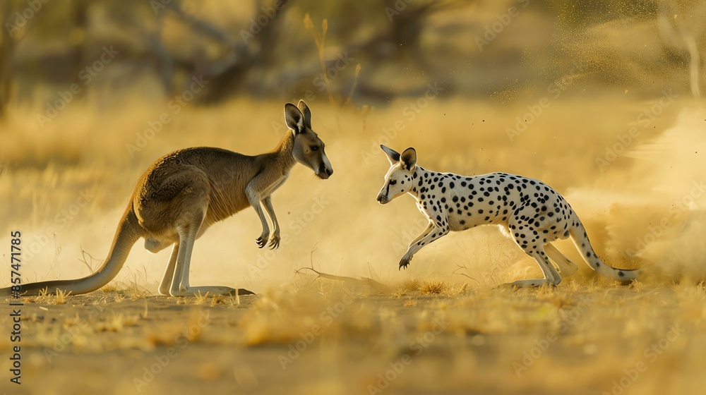 A kangaroo and a spotted quoll face off in the Australian outback. The ...