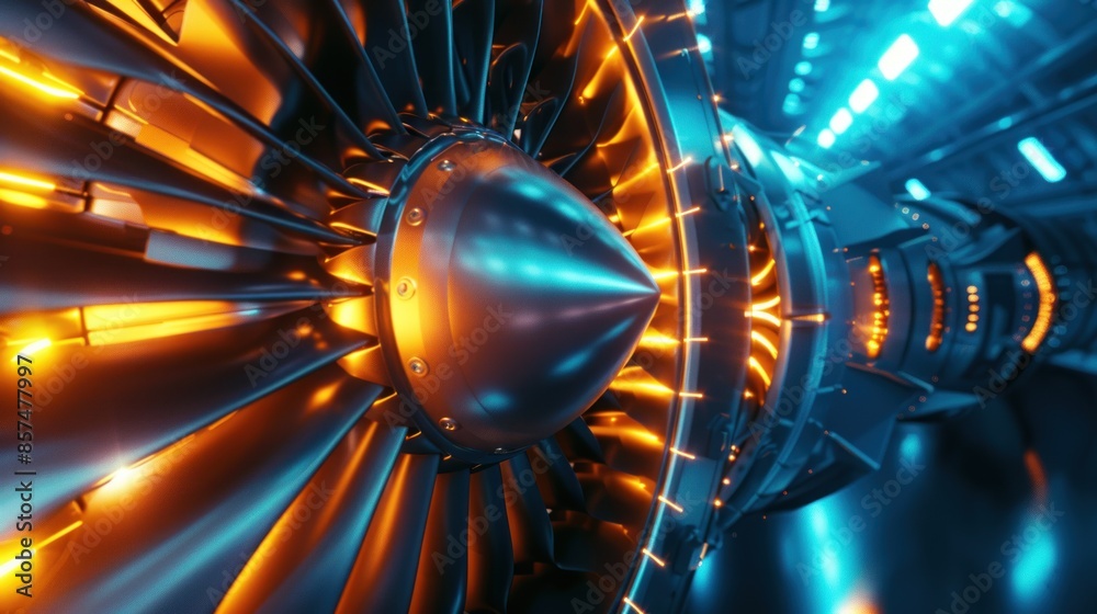 Close-up view of an airplane or spaceship turbojet with glowing yellow ...