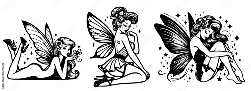 vintage pin-up fairy artwork set Stock Vector | Adobe Stock