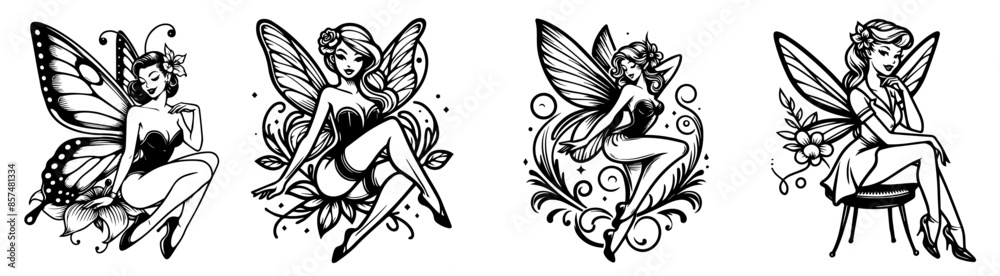 collection of pin-up fairies vector drawings Stock Vector | Adobe Stock
