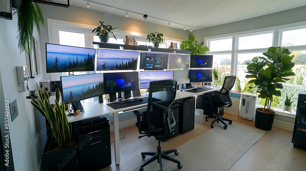 state-of-the-art home office with multiple monitors, adjustable ...
