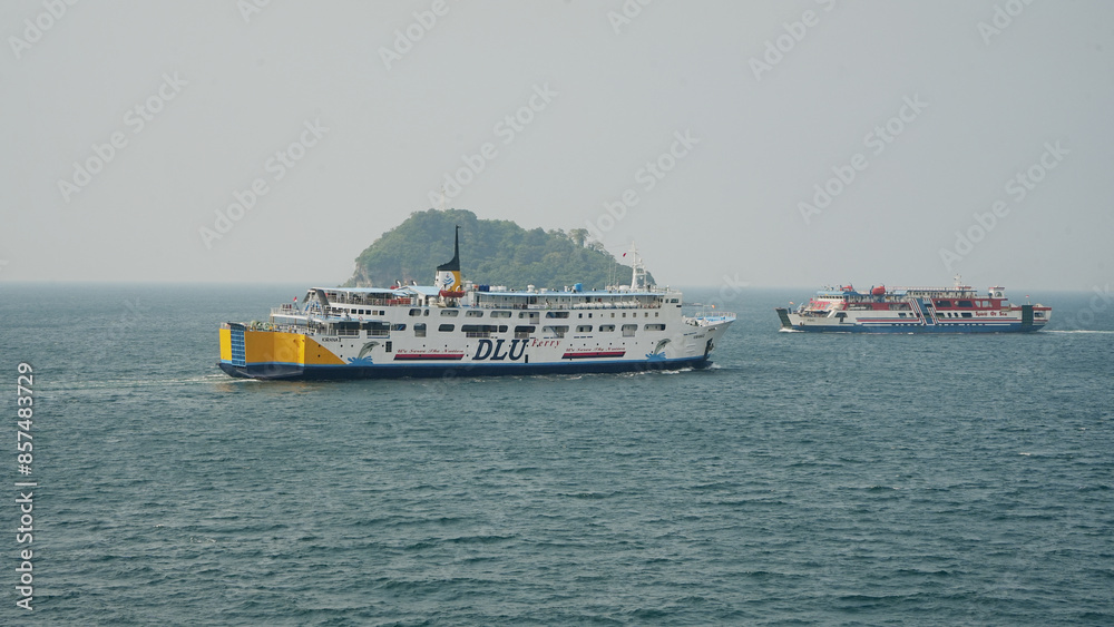 Passanger Ferry ship at Sunda Strait, from Merak sea portin Banten, to ...