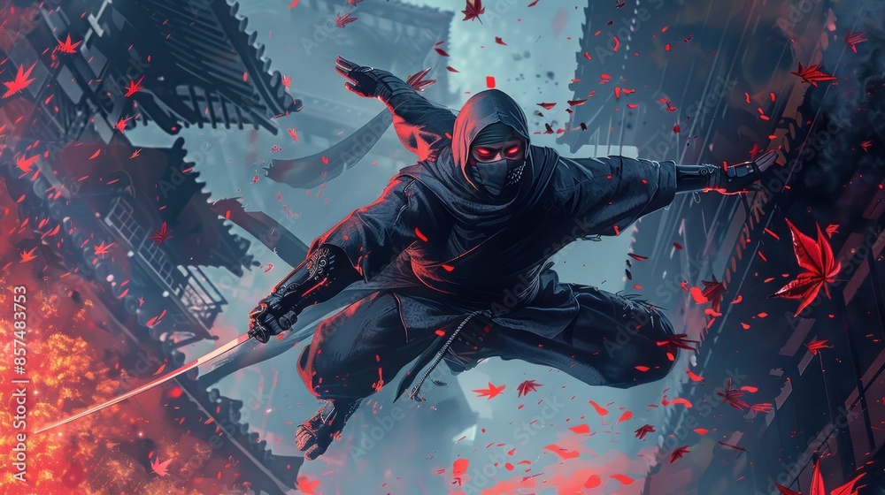 Close up view of a Cyborg ninja jumping, with digital shurikens, wide ...