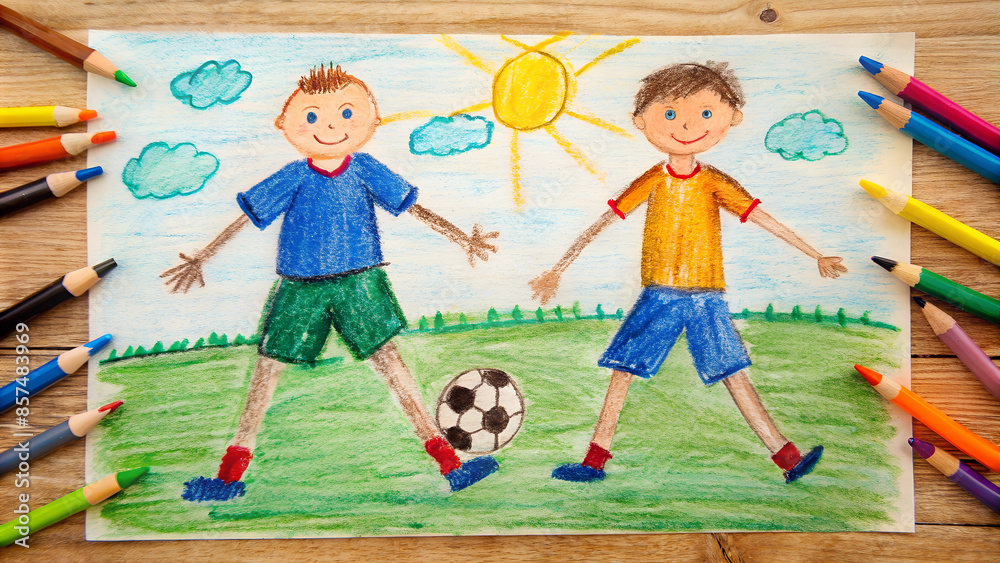 children's drawing with wax crayons of football players playing in the ...