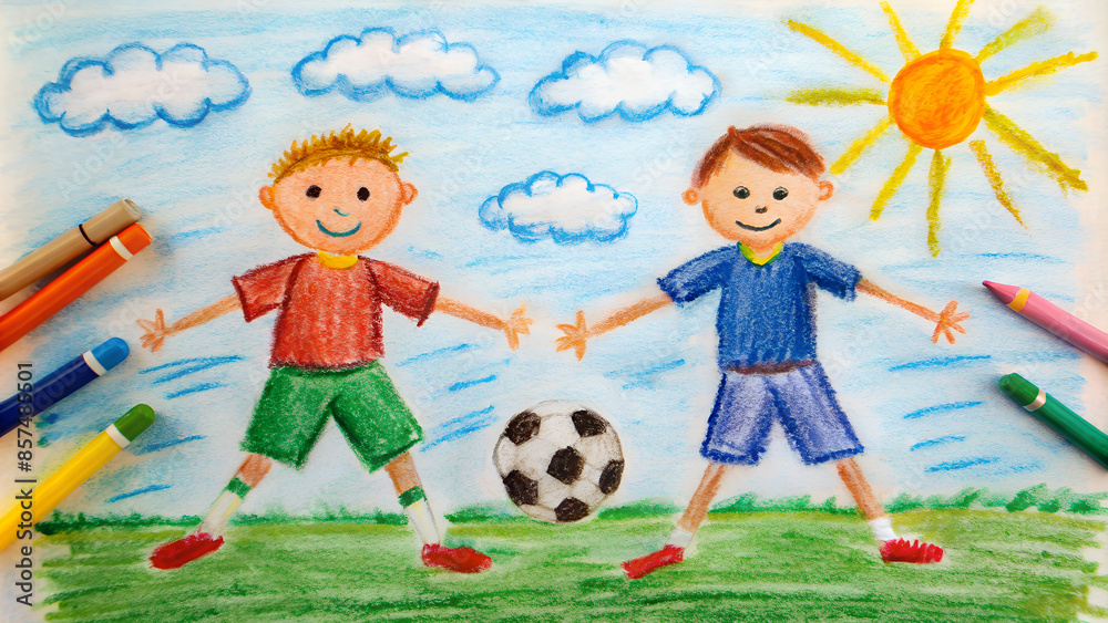 children's drawing with wax crayons of football players playing in the ...
