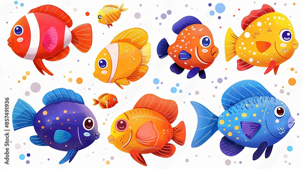 Various colorful fish with unique patterns swim among abstract shapes ...