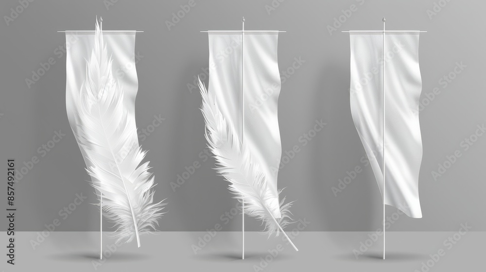 White blank feather flags, vertical banners stand, 3d realistic mockup ...