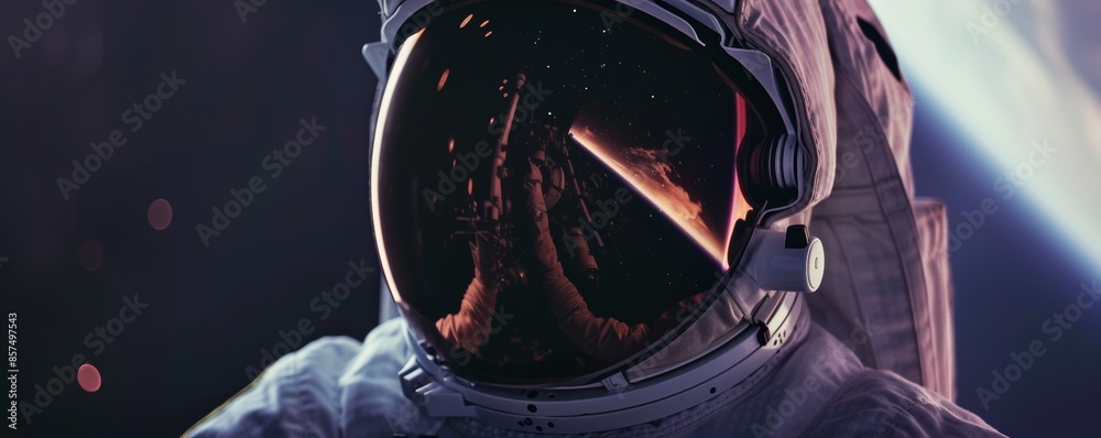 Astronaut in space with earth reflection in helmet visor, deep space ...