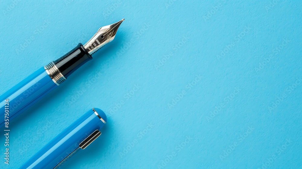 A silver and blue fountain pen on a blue background. The pen is open ...
