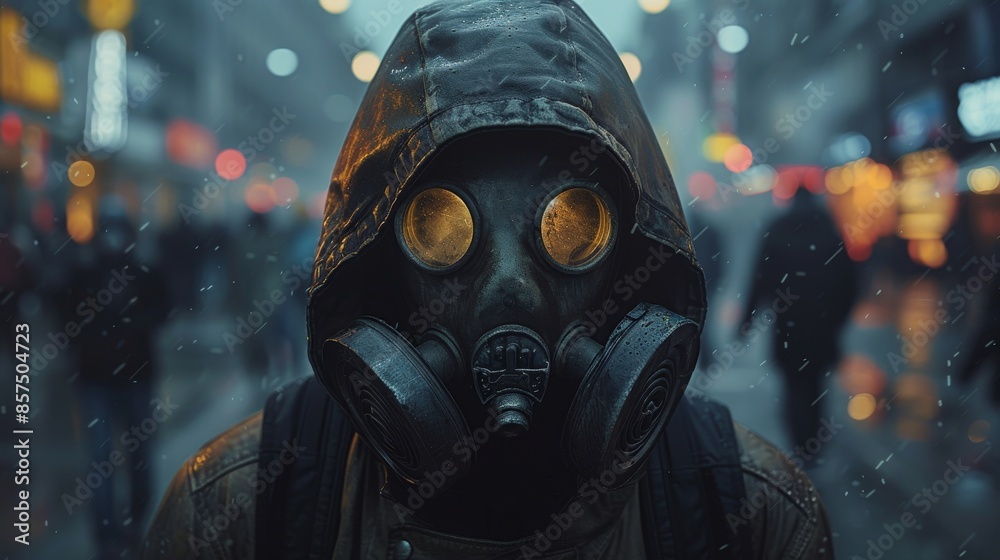 This image shows an individual in an urban setting, dressed in a hooded ...