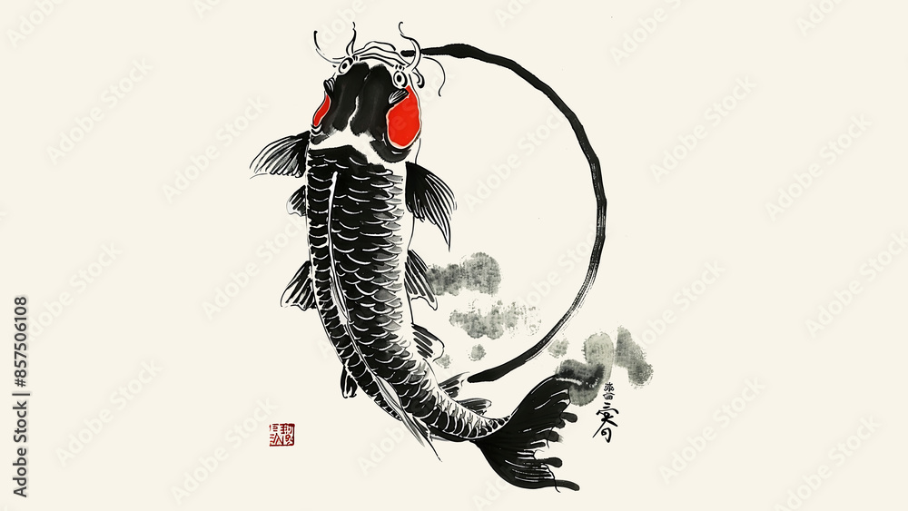 Hoji Koi Carp illustration, black red orange ink, white background with ...