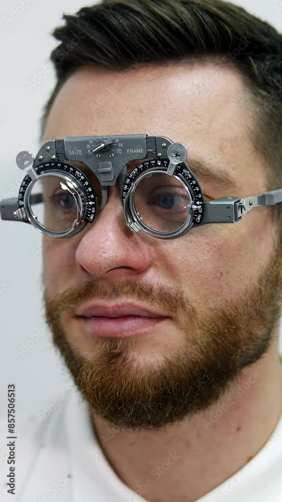 Face of a man in trial frame on eyes. Patient examining his eyesight ...