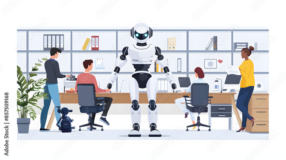 robot works in an office among people. it team of the future. the ...