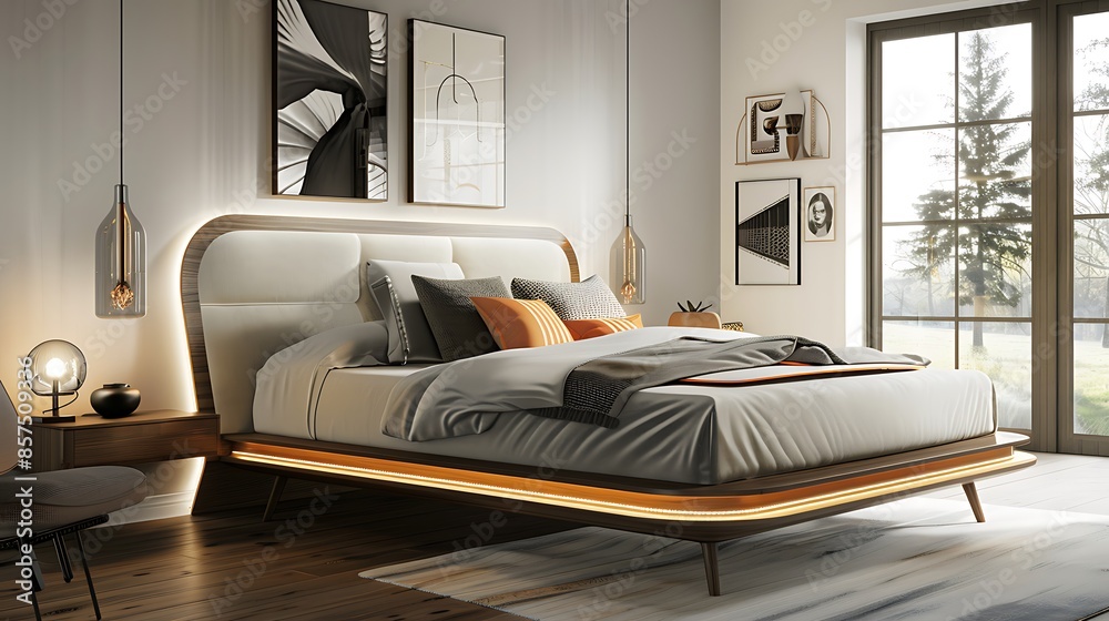 modernist bed frame with integrated nightlights and sleek lines, set in ...