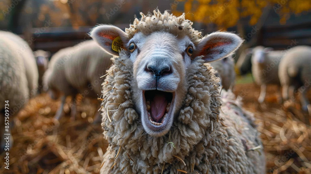A cute sheep is captured in the outdoors with a wide open mouth ...