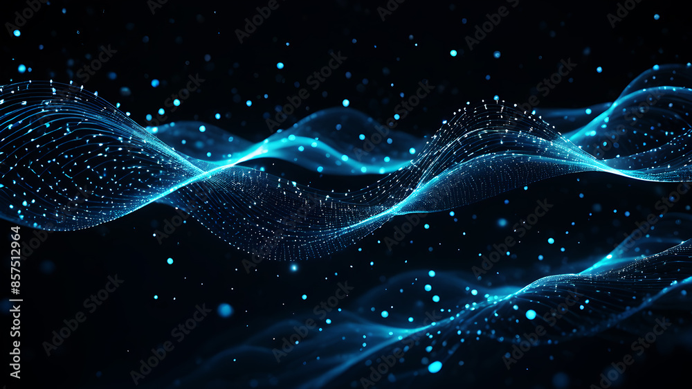 Visualize a flowing data stream where blue-toned dots and lines move dynamically across the ...