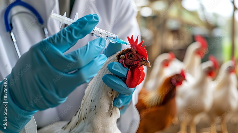 Veterinarian giving a vaccine shot to a chicken in a poultry farm ...